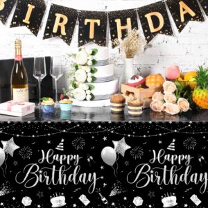 Tudomro 3 Pcs Happy Birthday Tablecloths Happy Birthday Decorations Plastic Table Cover Rectangular Cloths for Women Men Baby Shower Birthday Party Supplies, 108 x 54 Inch (Black Silver)