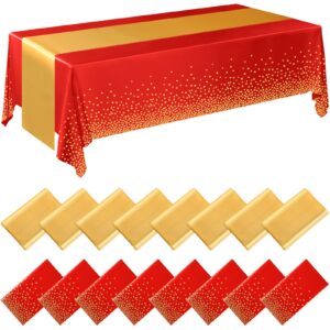 tudomro 16 pieces disposable tablecloth plastic rectangle table cloth table cover 54 x 108 inch with 12 x 108 inch satin table runner for wedding birthday party decorations (red,gold)