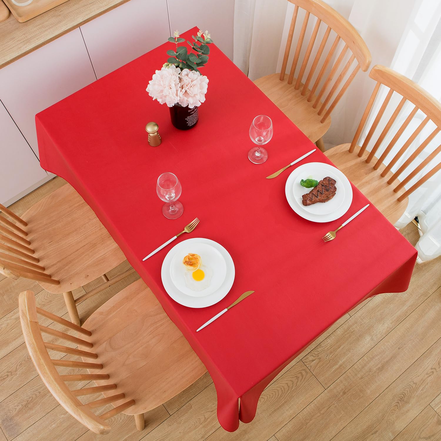 Pioggia Vinyl Tablecloth with Flannel Backing Oblong Waterproof Oil-Proof Plastic Table Cloth Wipeable PVC Table Cover for Indoor and Outdoor (Red, 60 x 84 Inch)