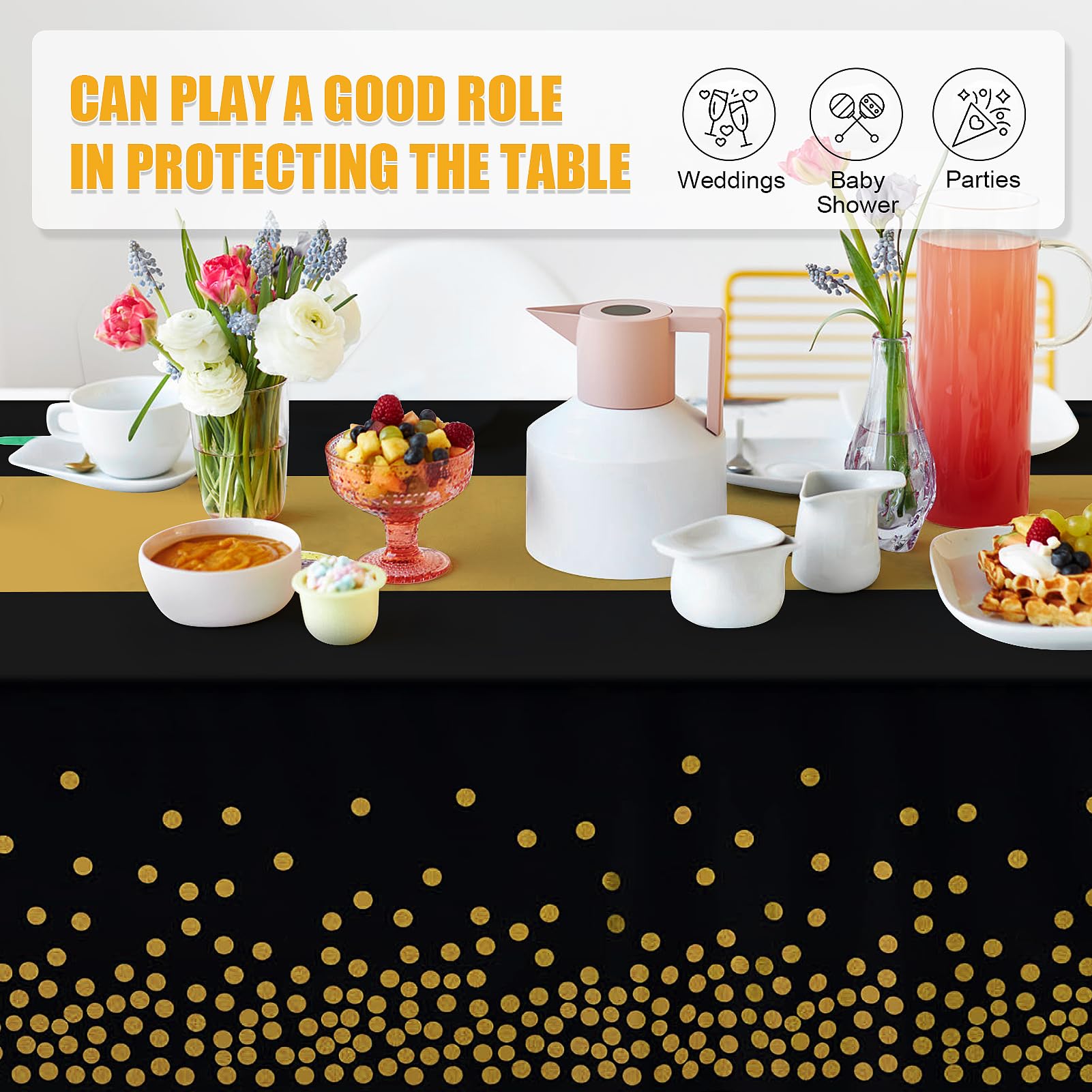 3 Pack Graduation Tablecloth, Graduation Party Decorations, Black and Gold Tablecloths for Rectangle Tables, 54" x 108" Disposable Plastic Table Cloth for Parties, Graduation Party Supplies, Wedding