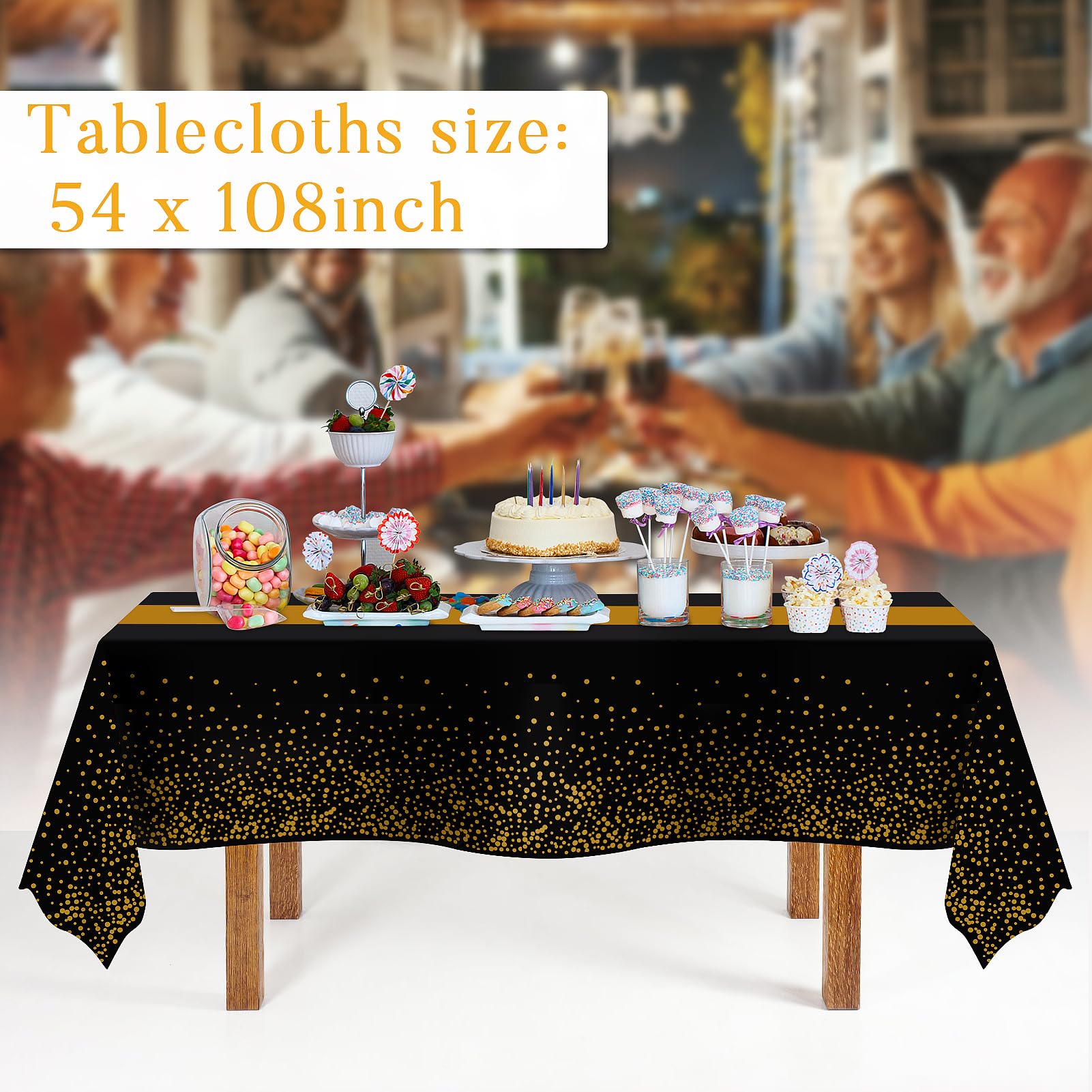 3 Pack Graduation Tablecloth, Graduation Party Decorations, Black and Gold Tablecloths for Rectangle Tables, 54" x 108" Disposable Plastic Table Cloth for Parties, Graduation Party Supplies, Wedding