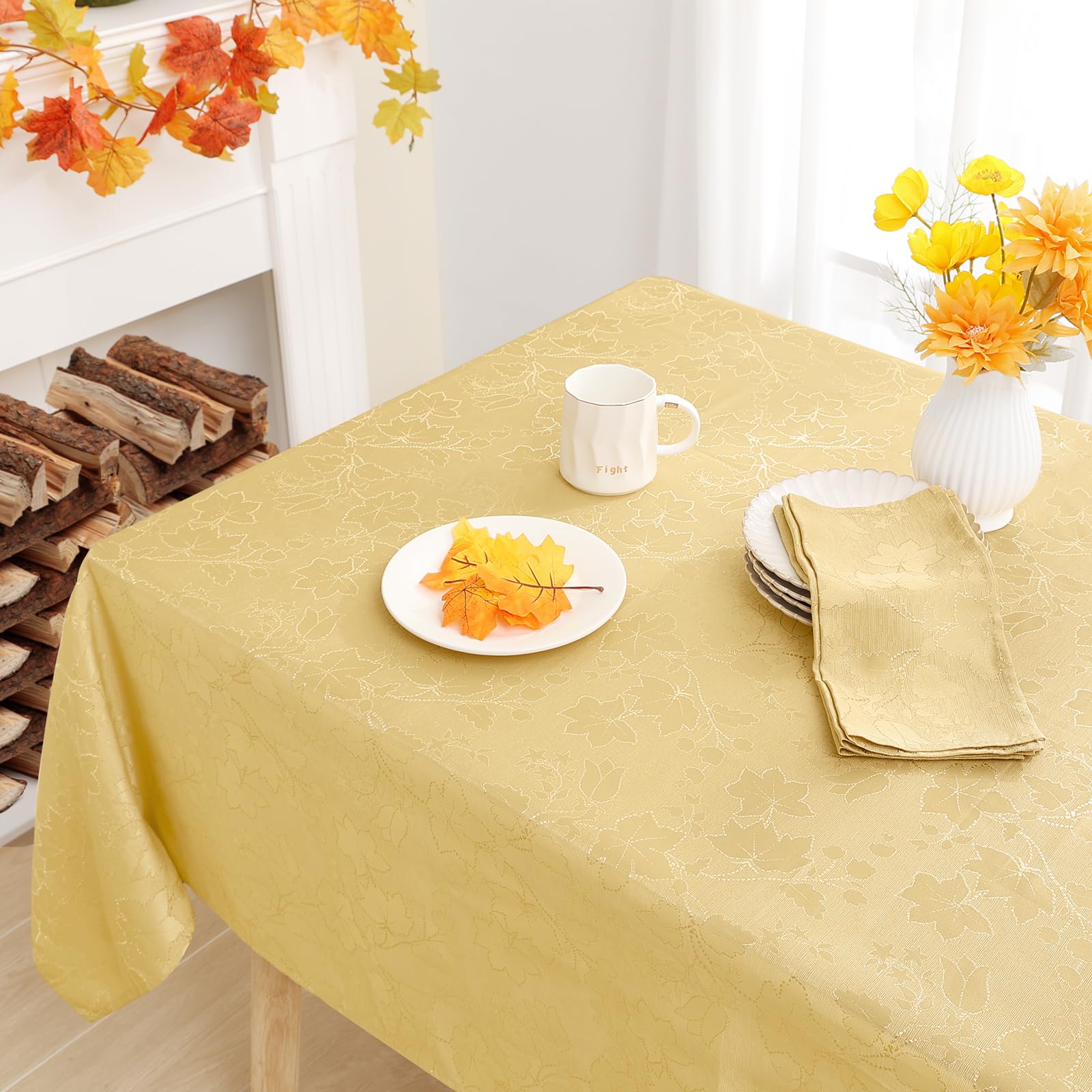 misaya Rectangle Fall Jacquard Tablecloth, Maple Leaf Damask Table Cloth, Waterproof Fabric Table Cover for Harvest and Thanksgiving Decorations (60" x 120", Yellow)