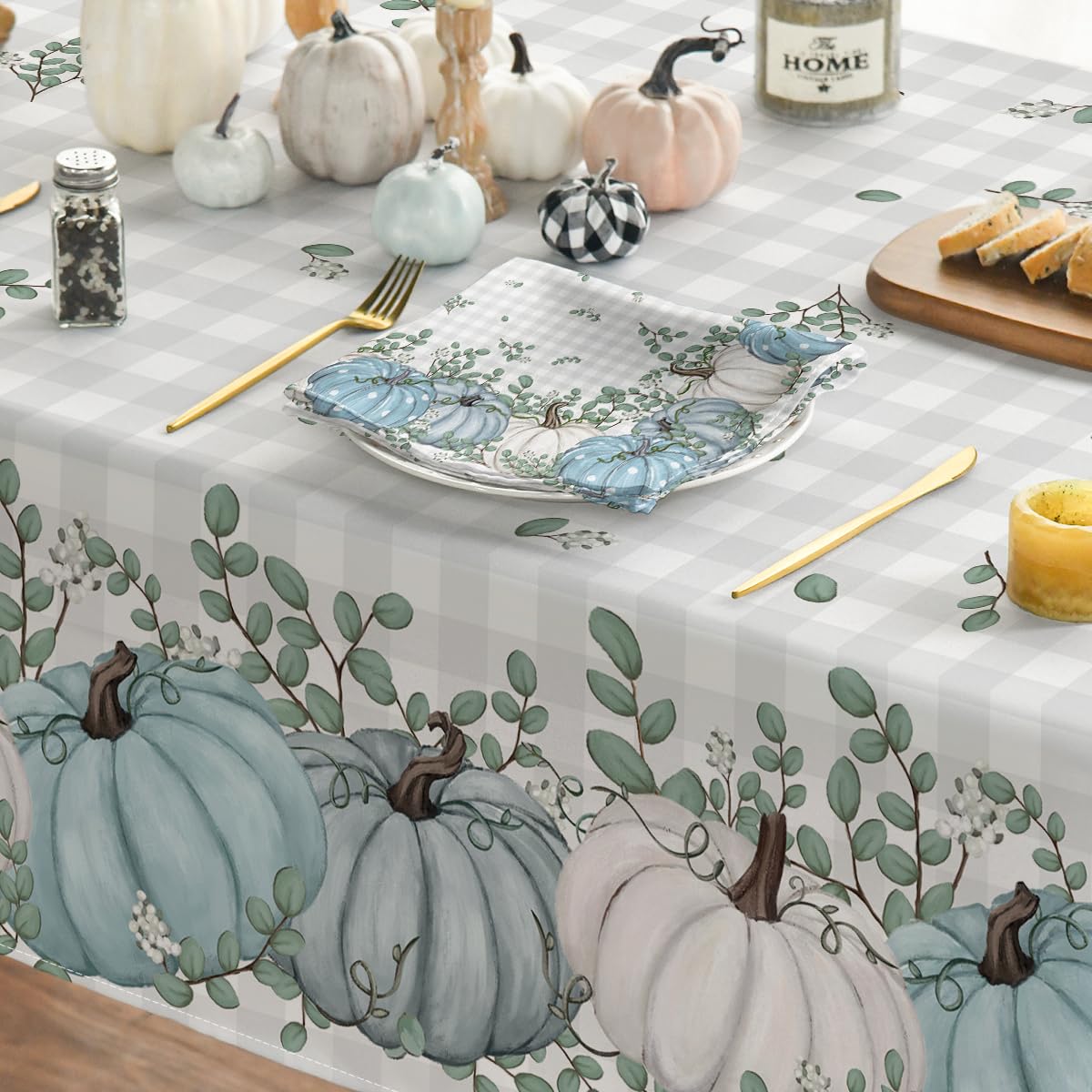 Horaldaily Fall Tablecloth 60x140 Inch Rectangular, Thanksgiving Autumn Harvest Blue Pumpkin Buffalo Plaid Table Cover for Party Picnic Dinner Decor