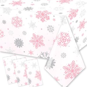 grehumor 3pcs snowflake winter tablecloth party decoration winter snowflake pink white wonderland theme table cover disposable plastic waterproof for christmas holiday birthday party supplies