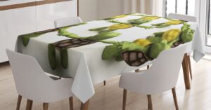 ambesonne reptile tablecloth, ninja turtles dancing tortoise team relax fun happiness theme, rectangular table cover for dining room kitchen decor, 60" x 90", green white brown