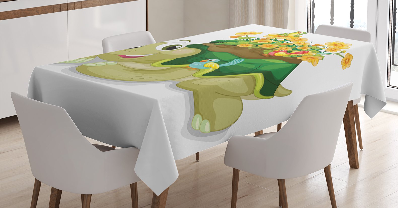 Ambesonne Reptile Tablecloth, Funny Floral Turtle Talking Colorful Humming Birds Tortoise Ninja Inspired Print, Dining Room Kitchen Rectangular Table Cover, 52" X 70", Multicolor