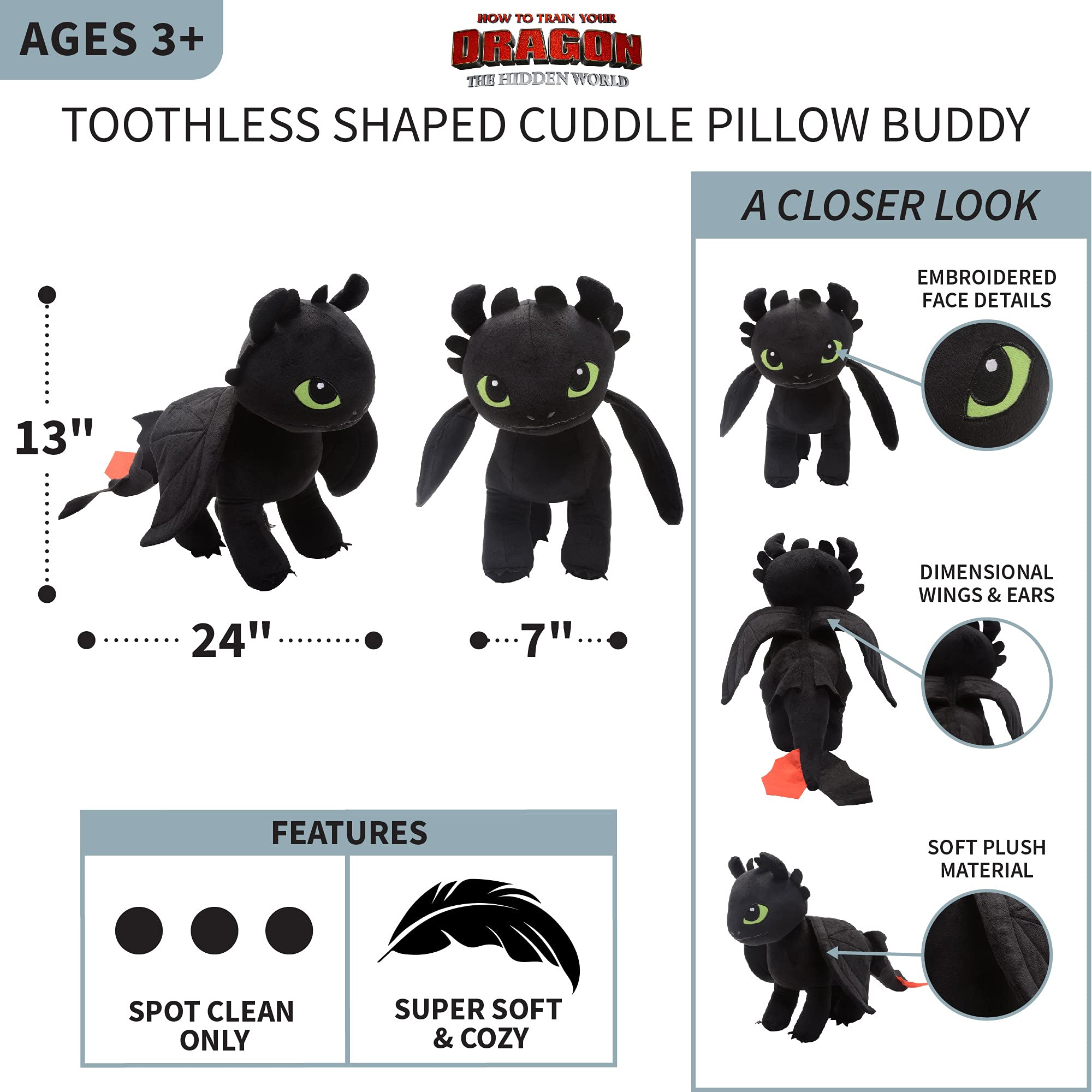 Franco Kids Bedding Super Soft Plush Cuddle Pillow Buddy, One Size, How To Train Your Dragon Toothless, Black