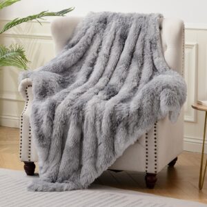 exclusivo mezcla fuzzy faux fur throw blanket, reversible shaggy sherpa fleece blankets,fluffy plush warm throws for couch, bed, 50x60 inches, dark grey