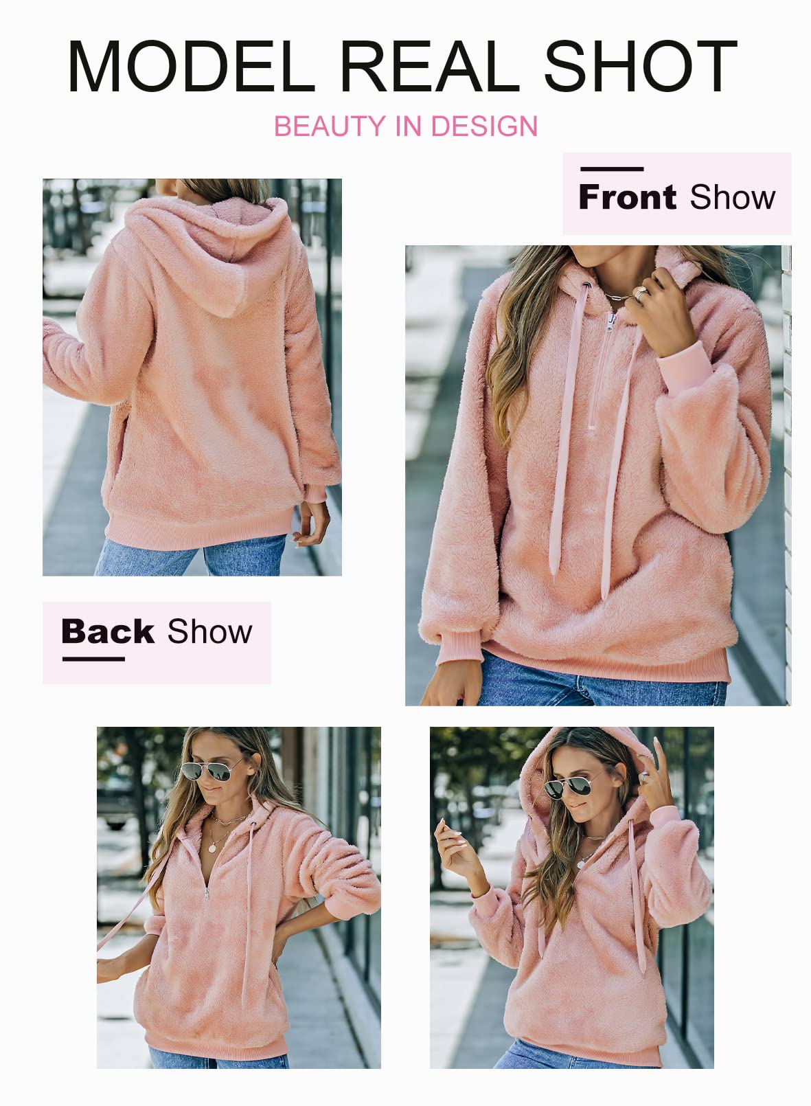 Dokotoo Womens Fleece Hoodies Loose Cozy Soft Warm Casual Solid Sweatshirts Fuzzy Sweater Sweatshirt Sherpa Pullovers Outerwear Fashion Hooded Pink Small