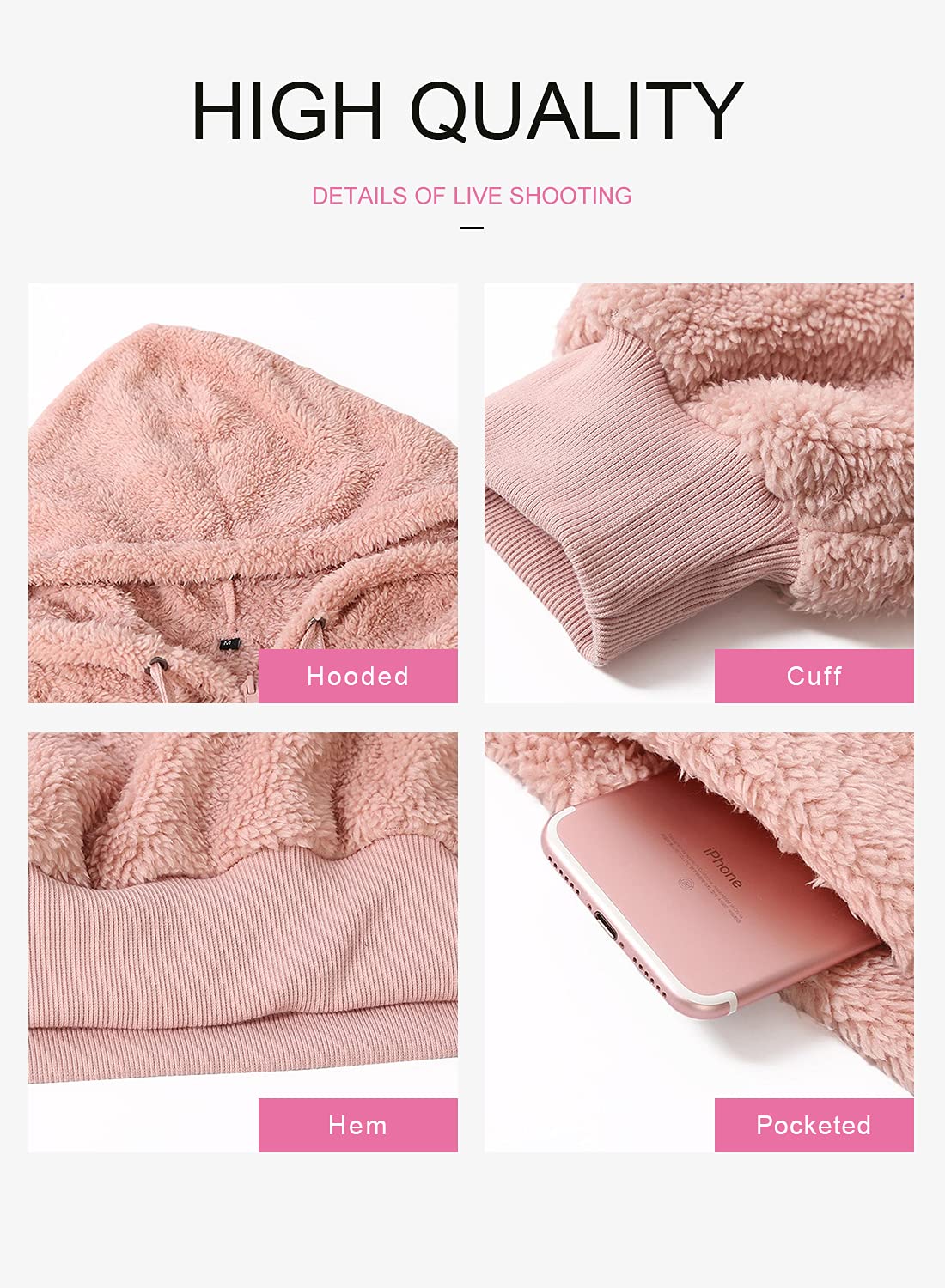 Dokotoo Womens Fleece Hoodies Loose Cozy Soft Warm Casual Solid Sweatshirts Fuzzy Sweater Sweatshirt Sherpa Pullovers Outerwear Fashion Hooded Pink Small