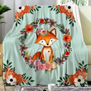 fox blanket flower fox print throw blanket super soft flannel blankets gifts for kids adults 60"x50"