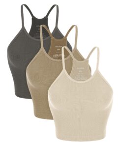 ododos women's crop 3-pack washed super soft lightweight rib-knit camisole crop tank tops, mushroom taupe charcoal, x-large/xx-large