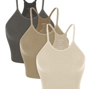 ODODOS Women's Crop 3-Pack Washed Super Soft Lightweight Rib-Knit Camisole Crop Tank Tops, Mushroom Taupe Charcoal, X-Large/XX-Large