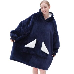 touchat wearable blanket hoodie, oversized sherpa blanket sweatshirt with hood pocket and sleeves, super soft warm comfy plush hooded blanket for adult women men, one size fits all (navyblue)