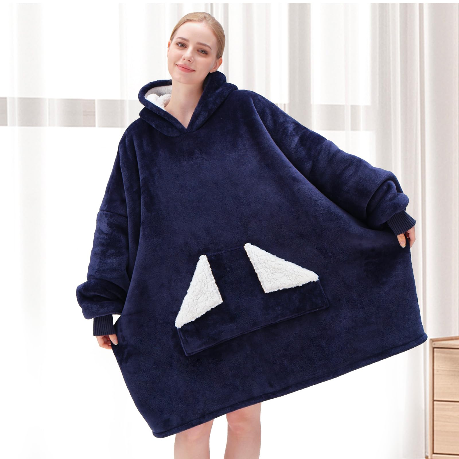 Touchat Wearable Blanket Hoodie, Oversized Sherpa Blanket Sweatshirt with Hood Pocket and Sleeves, Super Soft Warm Comfy Plush Hooded Blanket for Adult Women Men, One Size Fits All (NavyBlue)