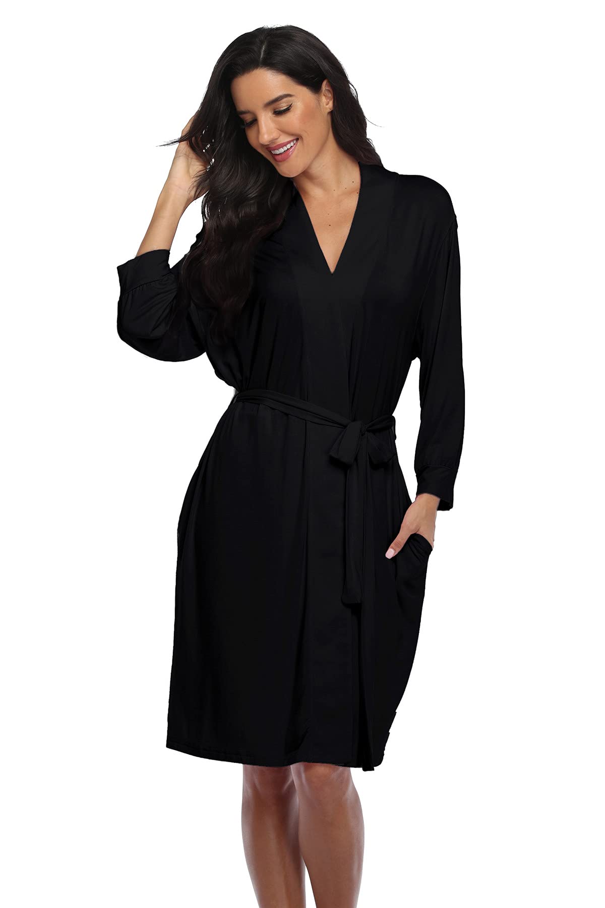 Super Shopping-zone Women's Soft Kimono Robes Short Lightweight Soft Knit Robe Modal Bathrobe Sleepwear, Black