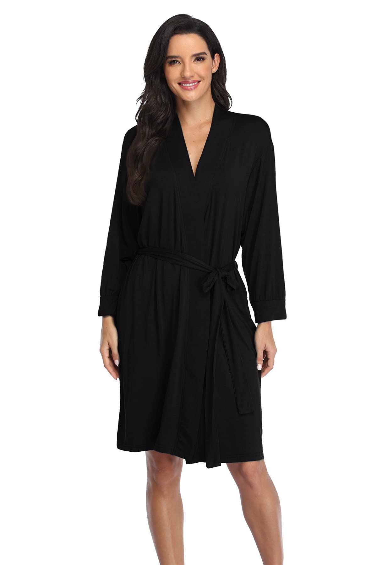 Super Shopping-zone Women's Soft Kimono Robes Short Lightweight Soft Knit Robe Modal Bathrobe Sleepwear, Black