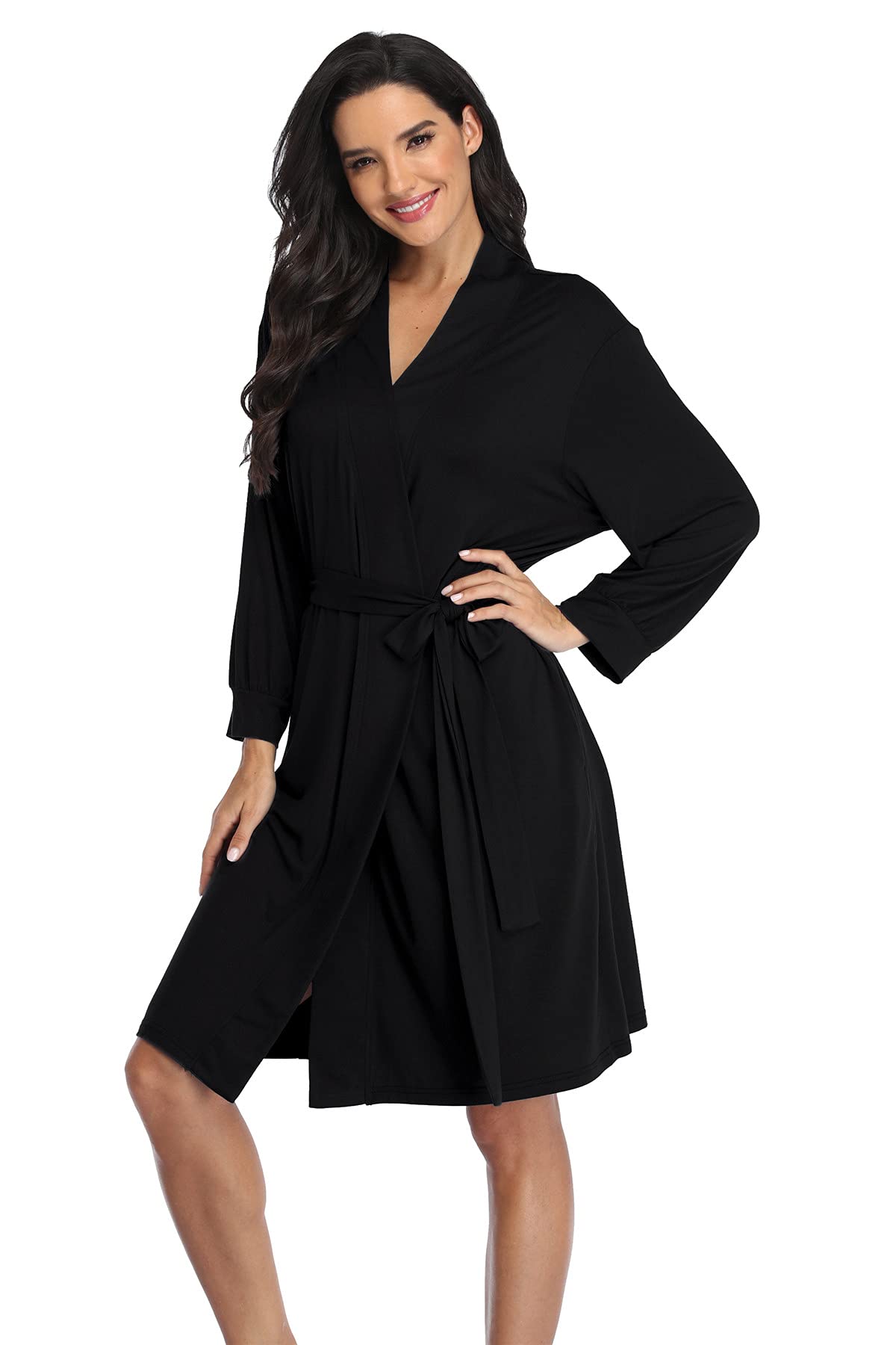 Super Shopping-zone Women's Soft Kimono Robes Short Lightweight Soft Knit Robe Modal Bathrobe Sleepwear, Black