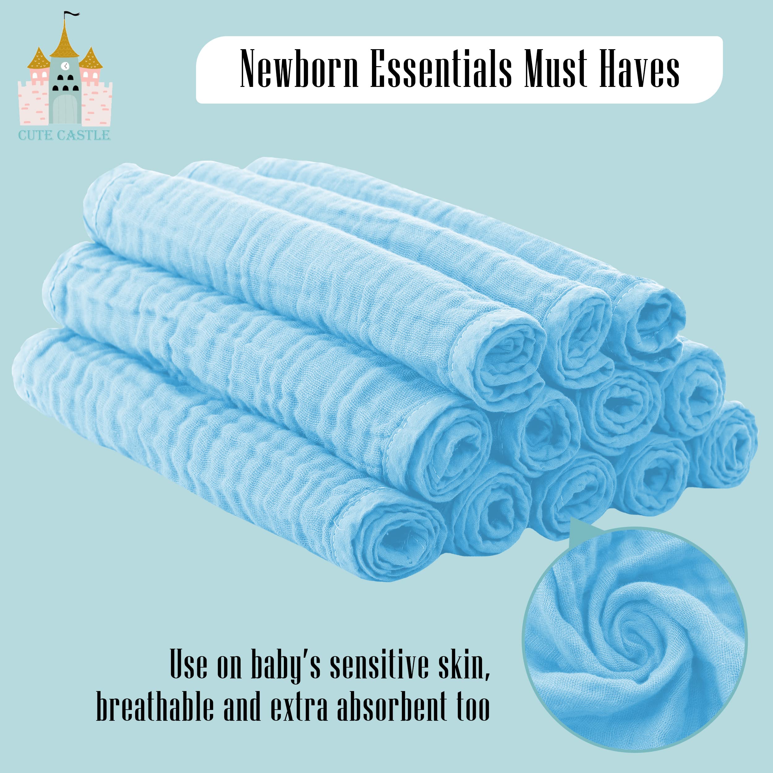 Cute Castle 12 Pack Muslin Burp Cloths for Baby - Ultra-Soft 100% Cotton Baby Washcloths - Large 20'' by 10'' Super Absorbent Milk Spit Up Rags - Burpy Cloths for Unisex, Boy, Girl - Aquamarine