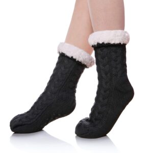 sdbing women's winter super soft warm cozy fuzzy fleece-lined with grippers slipper socks (black)