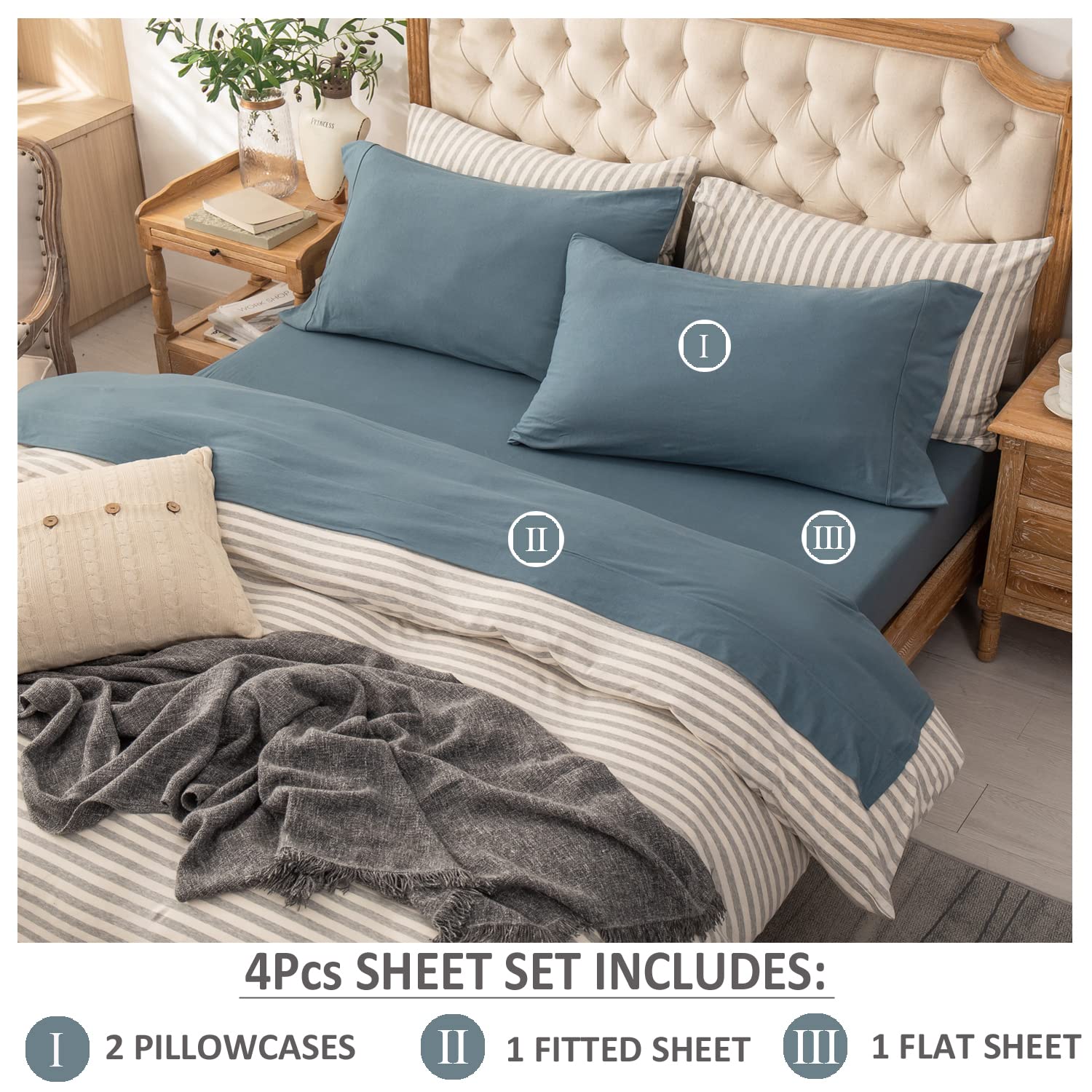 PURE ERA Jersey Knit 4pc Bed Sheet Set 100% T-Shirt Cotton Super Soft Comfy Breathable Fits Mattress Up to 20" Extra Deep Pocket (Solid Cerulean Blue, King)