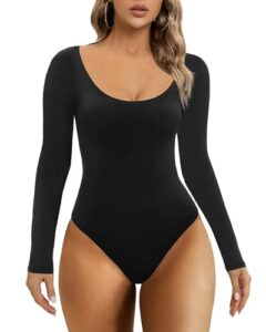 shaperx women's long sleeve scoop neck bodysuit fits everybody soft body suits tops, sz5260-black-m