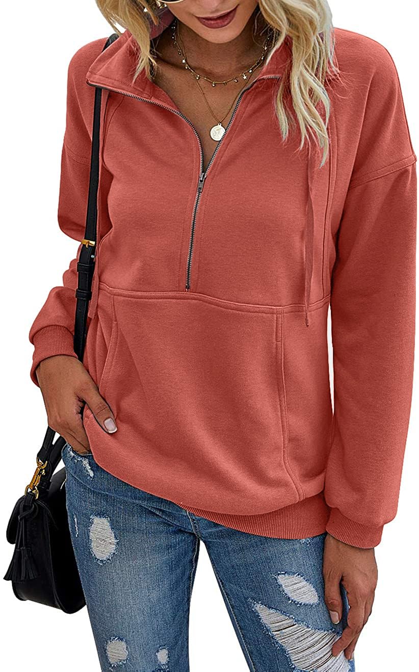 PRETTYGARDEN Women’s Casual Long Sleeve Lapel Zipper Sweatshirt Drawstring Loose Pullover Tops Orange Red