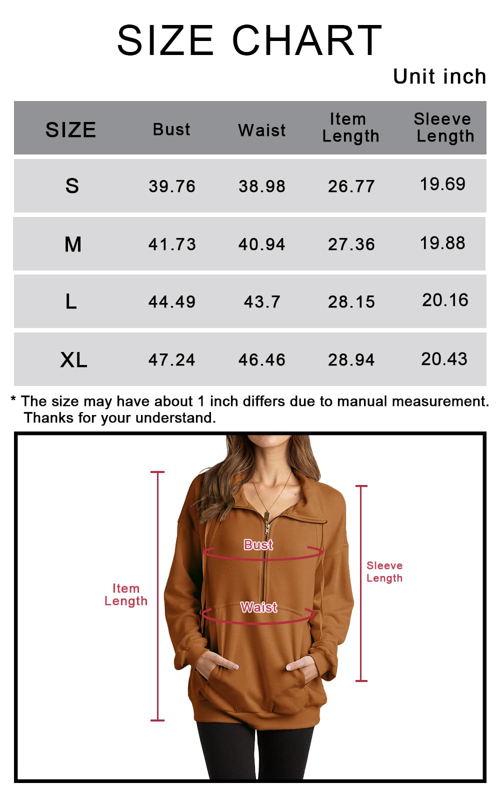 PRETTYGARDEN Women’s Casual Long Sleeve Lapel Zipper Sweatshirt Drawstring Loose Pullover Tops Orange Red