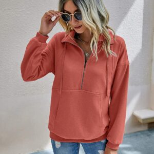 PRETTYGARDEN Women’s Casual Long Sleeve Lapel Zipper Sweatshirt Drawstring Loose Pullover Tops Orange Red