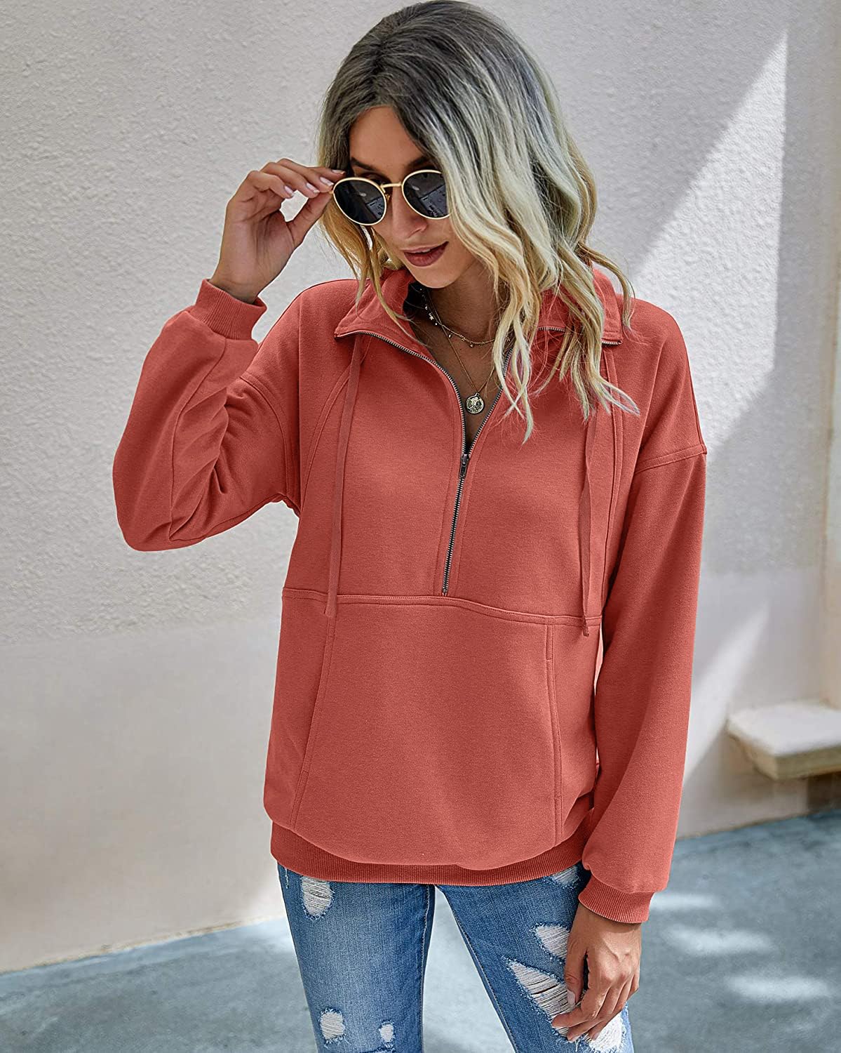 PRETTYGARDEN Women’s Casual Long Sleeve Lapel Zipper Sweatshirt Drawstring Loose Pullover Tops Orange Red