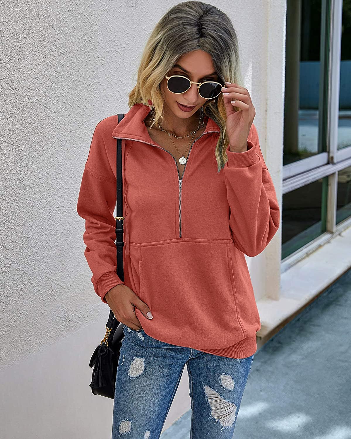 PRETTYGARDEN Women’s Casual Long Sleeve Lapel Zipper Sweatshirt Drawstring Loose Pullover Tops Orange Red