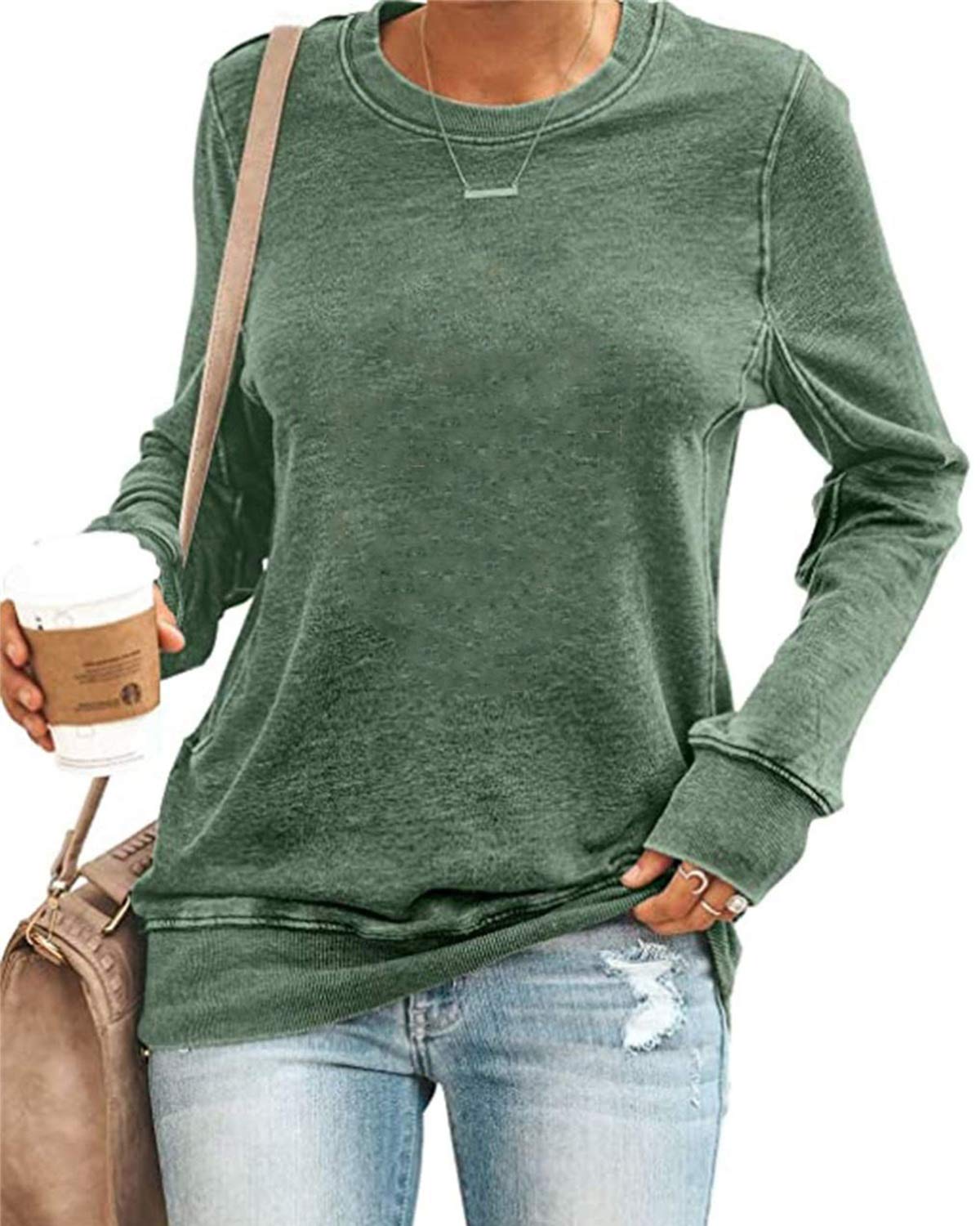 SENSERISE Womens Casual Crewneck Sweatshirt Long Sleeve Solid Color Shirt Soft Lightweight Loose Top(Solid Green,S)