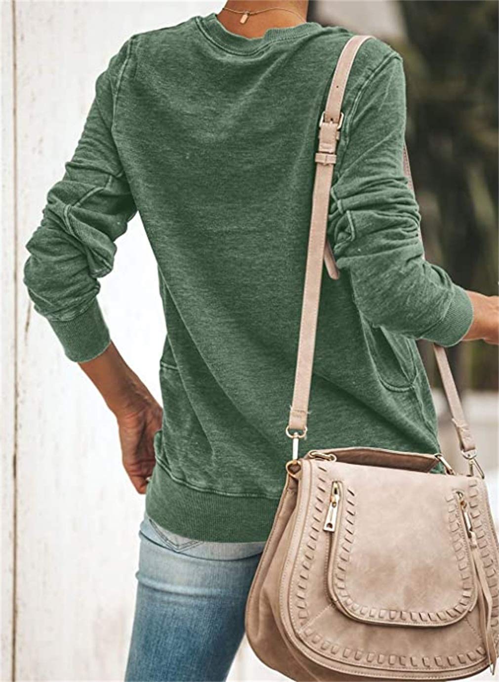 SENSERISE Womens Casual Crewneck Sweatshirt Long Sleeve Solid Color Shirt Soft Lightweight Loose Top(Solid Green,S)