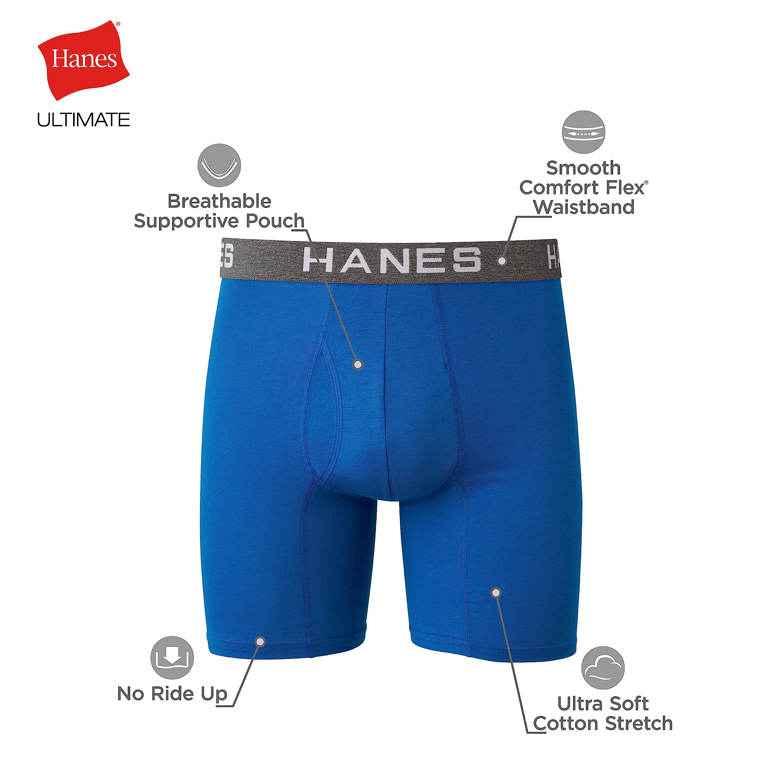 Hanes Ultimate Men's Comfort Flex Fit Boxer Briefs, Ultra Soft Cotton Modal Blend, Red/Blue/Navy-4 Pack, X-Large