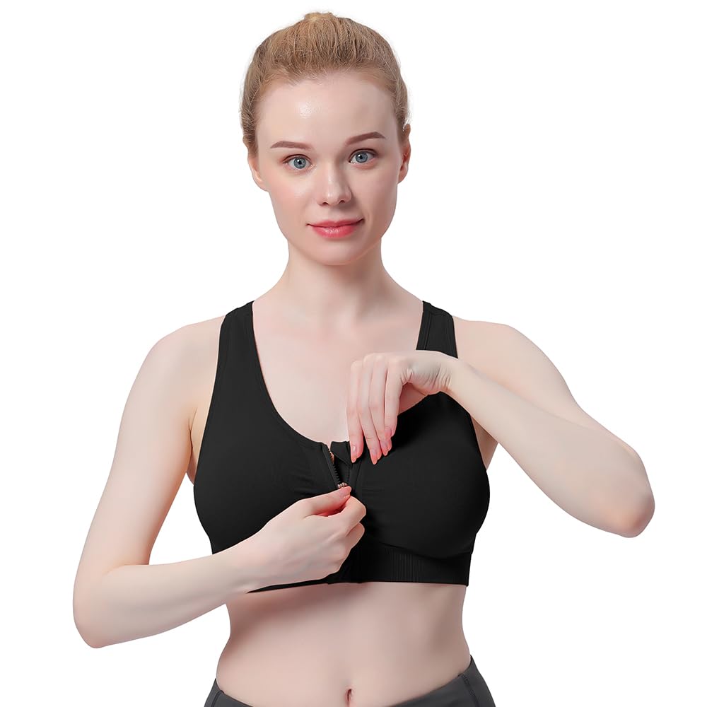 WANAYOU Women's Zip Front Sports Bra Wireless Post-Surgery Bra Padded Surgical Bra Racerback Workout Bras Zipper Front Closure Yoga Sports Bras Mastectomy Bras for Women (XXX-Large, Black-Flesh-White)