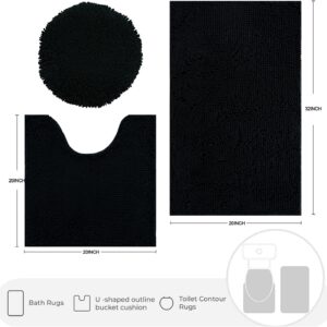 Bathroom Rugs Sets of 3 Piece Ultra Soft Chenille Bath Mat, Non-Slip and Super Absorbent Bathroom Rug, Strong PVC Underside, Machine Washable Bath Carpet for Bathroom, Carbon Black