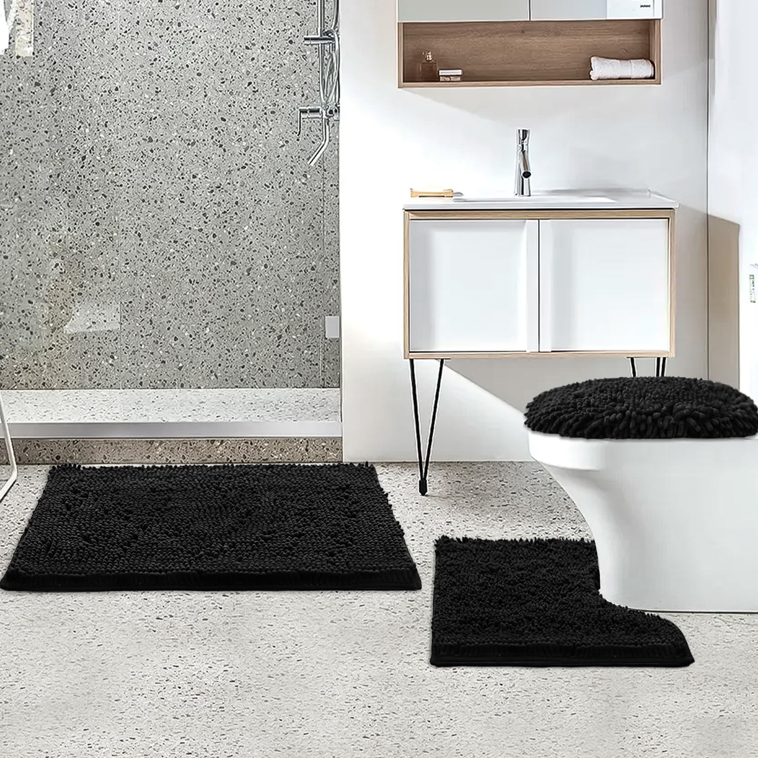 Bathroom Rugs Sets of 3 Piece Ultra Soft Chenille Bath Mat, Non-Slip and Super Absorbent Bathroom Rug, Strong PVC Underside, Machine Washable Bath Carpet for Bathroom, Carbon Black