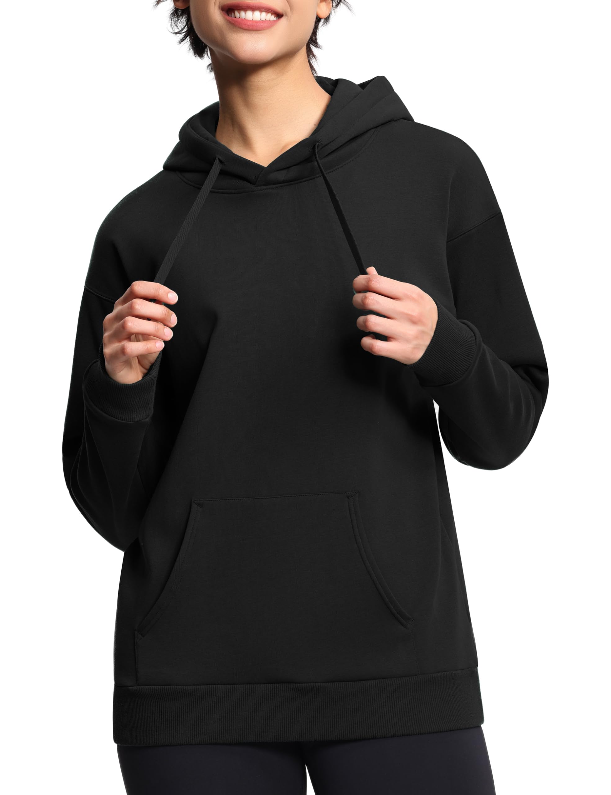 THE GYM PEOPLE Women's Basic Pullover Hoodie Loose fit Ultra Soft Fleece hooded Sweatshirt With Pockets (fleece lined-Black, Large)