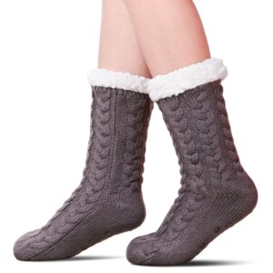 sdbing women's winter super soft warm cozy fuzzy fleece-lined with grippers slipper socks (dark gray)