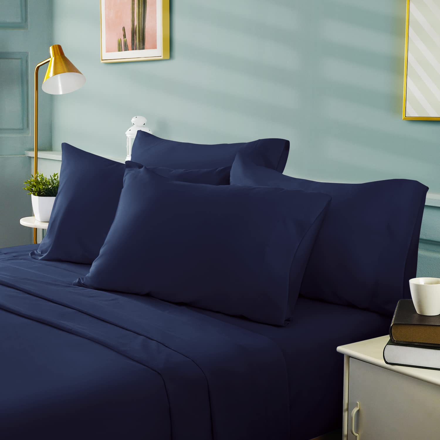 BYSURE 6 Pieces Bed Sheets Set(Queen, Blue Navy) - Hotel Luxury Super Soft 1800 Thread Count 100% Microfiber Sheets with Deep Pockets, Wrinkle & Fade Resistant