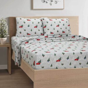 Sleepdown 100% Cotton Flannel Sheets Queen Size - Super Soft, Heavyweight, Double Brushed, Anti-Pill Flannel Queen Sheets - 16" Deep Pocket Queen Fitted Sheet X2 Side Pockets (Queen, Truck & Tree)