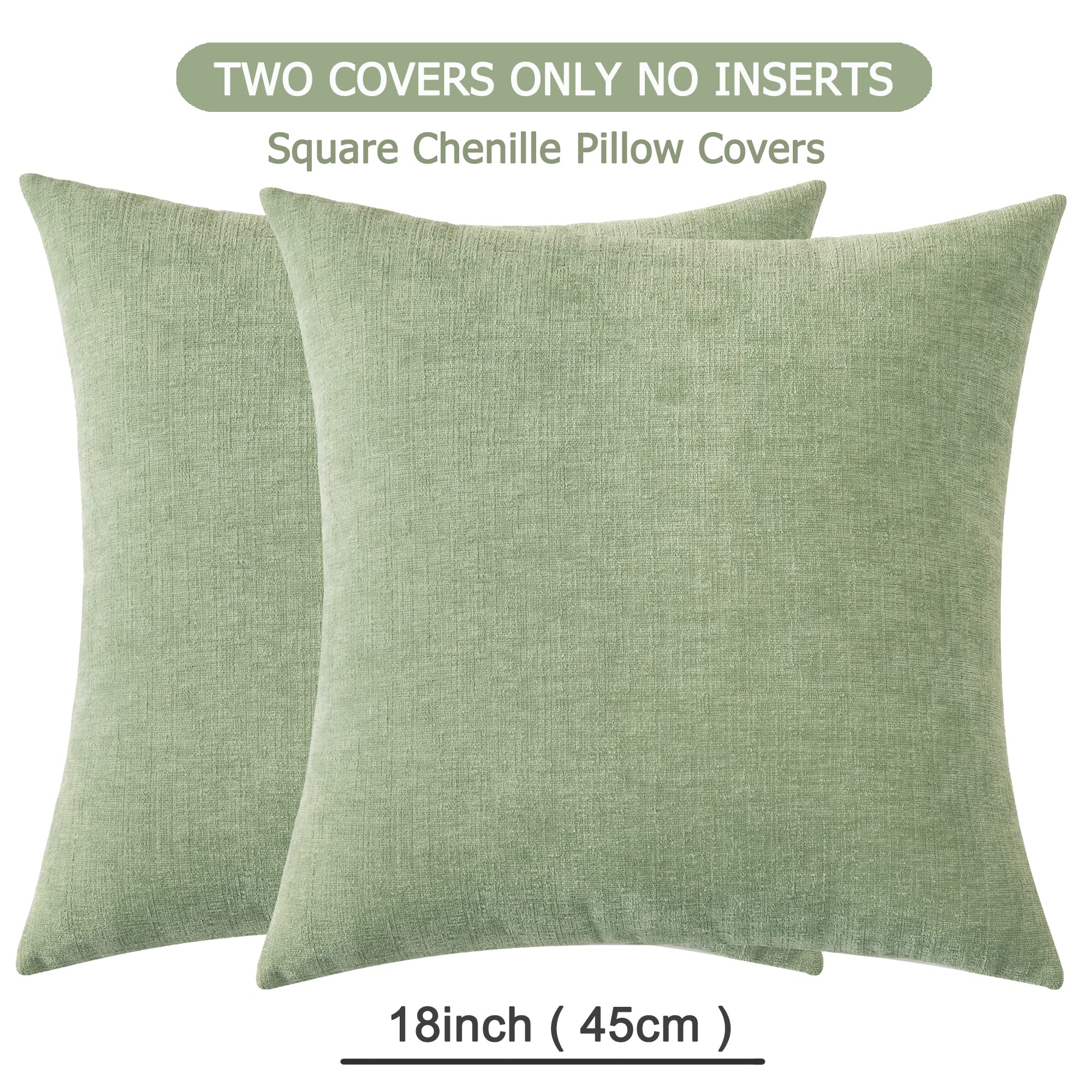 GAWAMAY Decorative Square Throw Pillow Covers 18x18 Inch set of 2, Super Soft Chenille Farmhouse Fall Pillowcase for Living Room Bedroom Sofa Couch Cushion Cover Fundas Para Cojines Sage Green 45x45cm