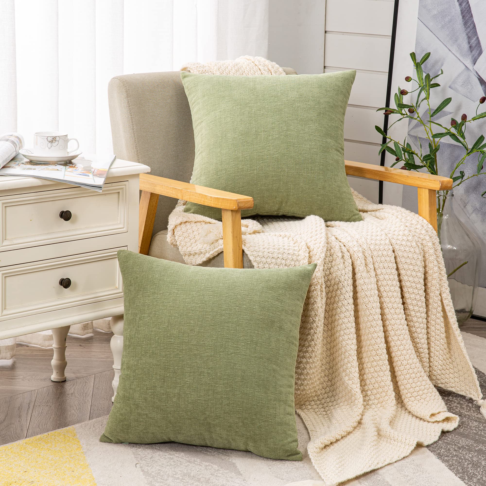 GAWAMAY Decorative Square Throw Pillow Covers 18x18 Inch set of 2, Super Soft Chenille Farmhouse Fall Pillowcase for Living Room Bedroom Sofa Couch Cushion Cover Fundas Para Cojines Sage Green 45x45cm