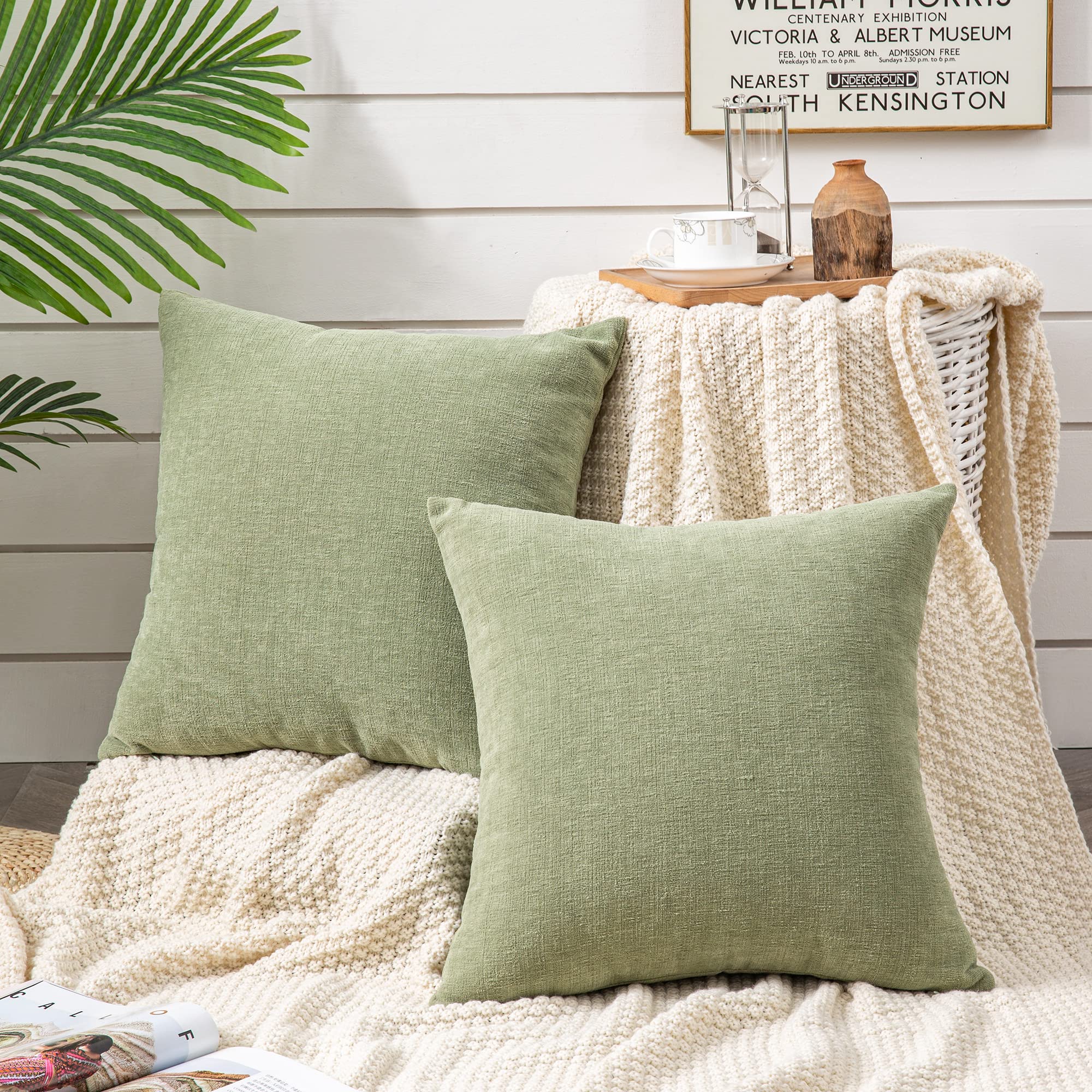 GAWAMAY Decorative Square Throw Pillow Covers 18x18 Inch set of 2, Super Soft Chenille Farmhouse Fall Pillowcase for Living Room Bedroom Sofa Couch Cushion Cover Fundas Para Cojines Sage Green 45x45cm