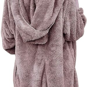 Zilcremo Women Hooded Cardigan Fuzzy Jacket Winter Open Front Fleece Coat Outwear with Pockets Purplish Brown XL