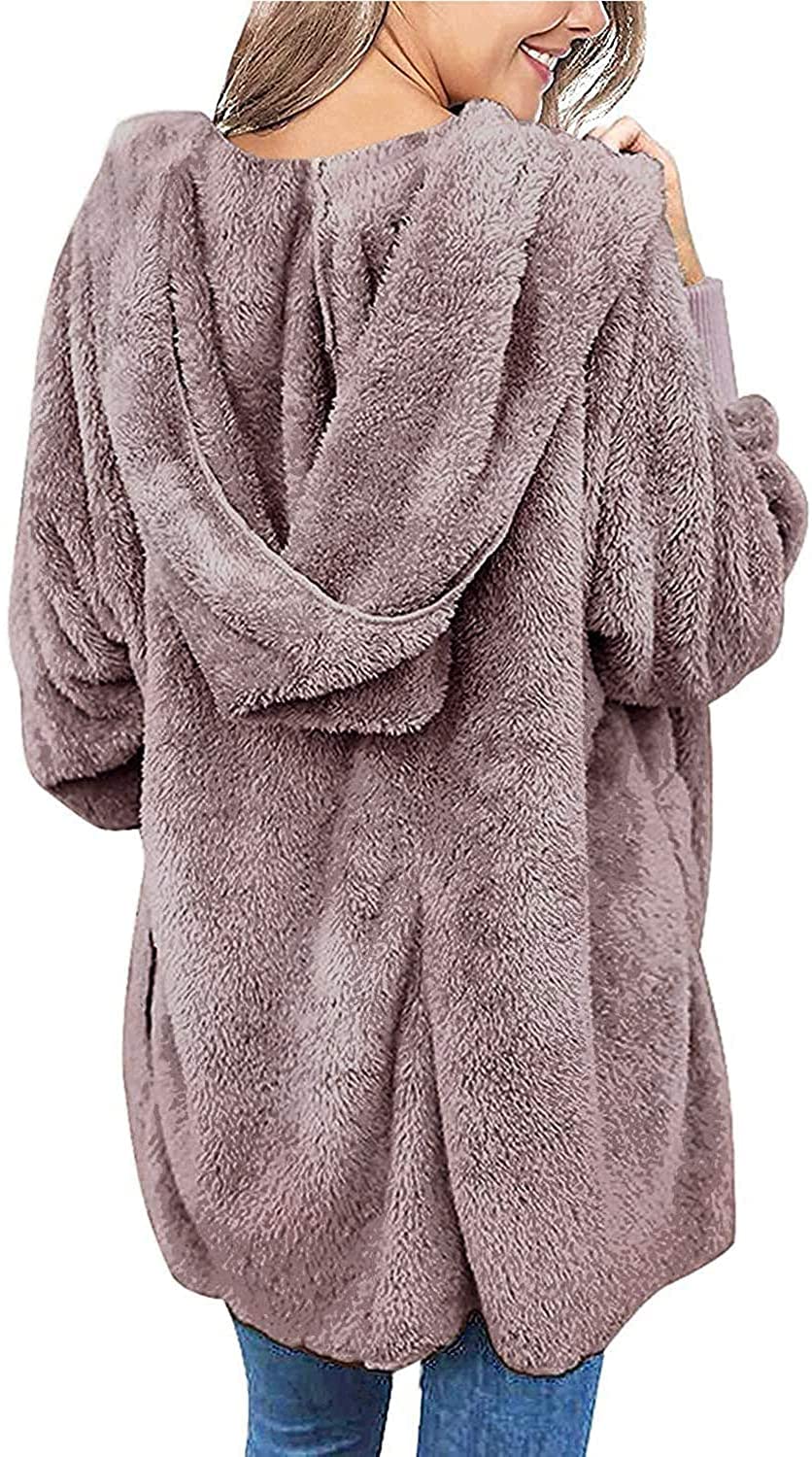 Zilcremo Women Hooded Cardigan Fuzzy Jacket Winter Open Front Fleece Coat Outwear with Pockets Purplish Brown XL