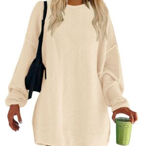 BTFBM 2024 Womens Sweaters Casual Crewneck Long Sleeve Oversized Sweater Dress Fall Winter Loose Slouchy Soft Pullover(Solid Beige, Medium)