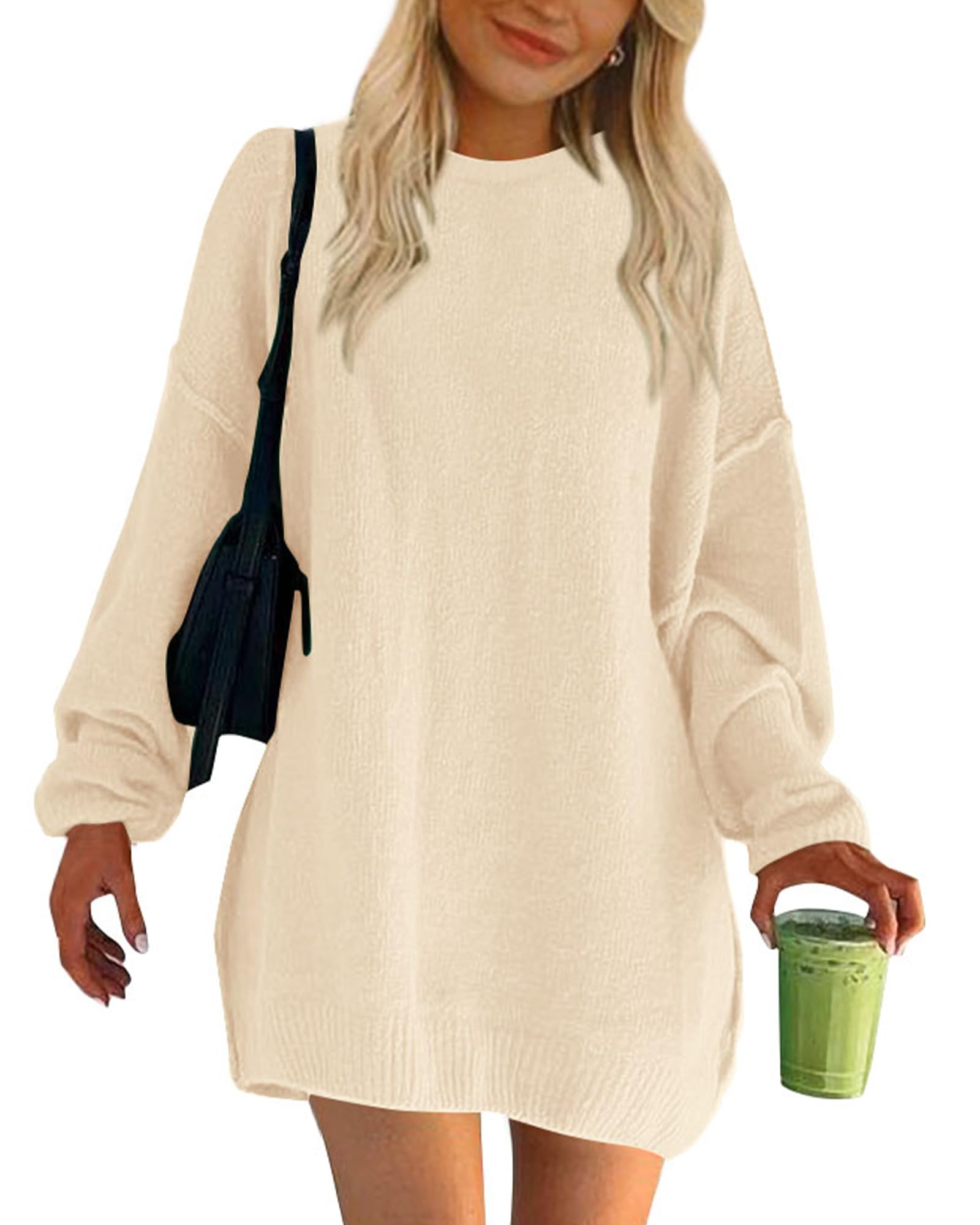 BTFBM 2024 Womens Sweaters Casual Crewneck Long Sleeve Oversized Sweater Dress Fall Winter Loose Slouchy Soft Pullover(Solid Beige, Medium)