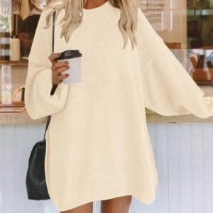 BTFBM 2024 Womens Sweaters Casual Crewneck Long Sleeve Oversized Sweater Dress Fall Winter Loose Slouchy Soft Pullover(Solid Beige, Medium)