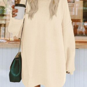 BTFBM 2024 Womens Sweaters Casual Crewneck Long Sleeve Oversized Sweater Dress Fall Winter Loose Slouchy Soft Pullover(Solid Beige, Medium)